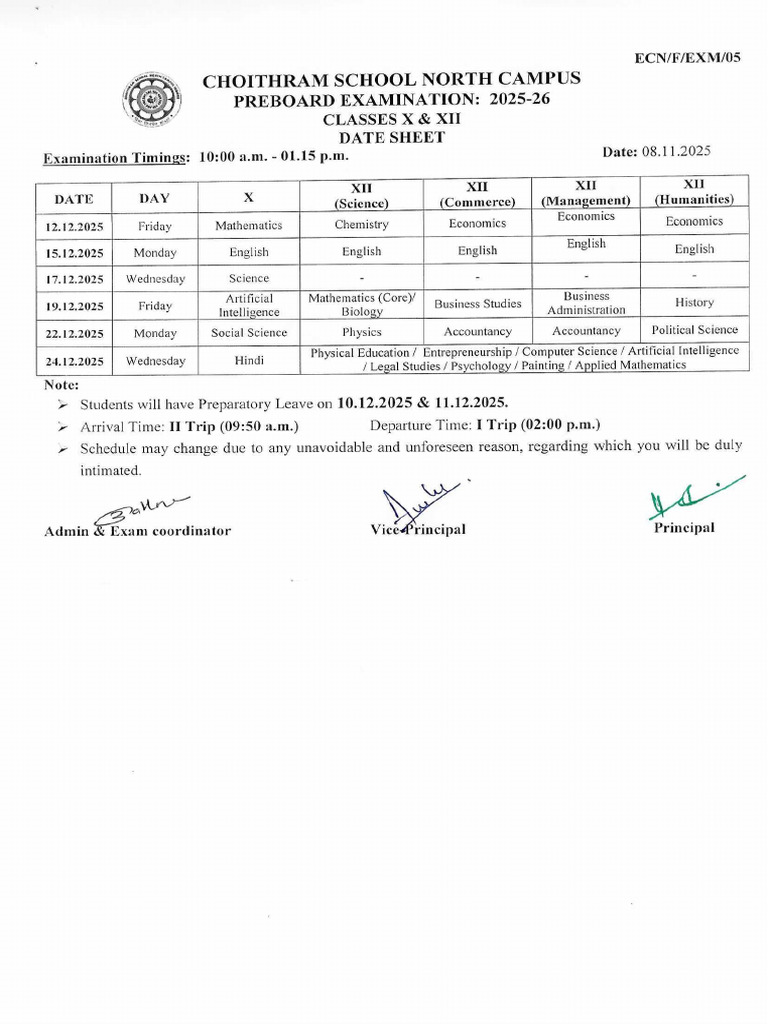 Datesheet Pre-Board Class X & XII | PDF