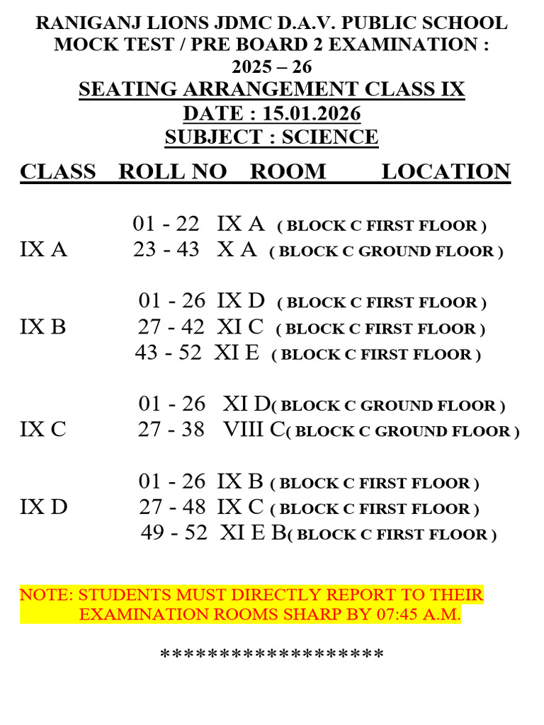 Class 9 Seating Arrangement 15 Jan | PDF