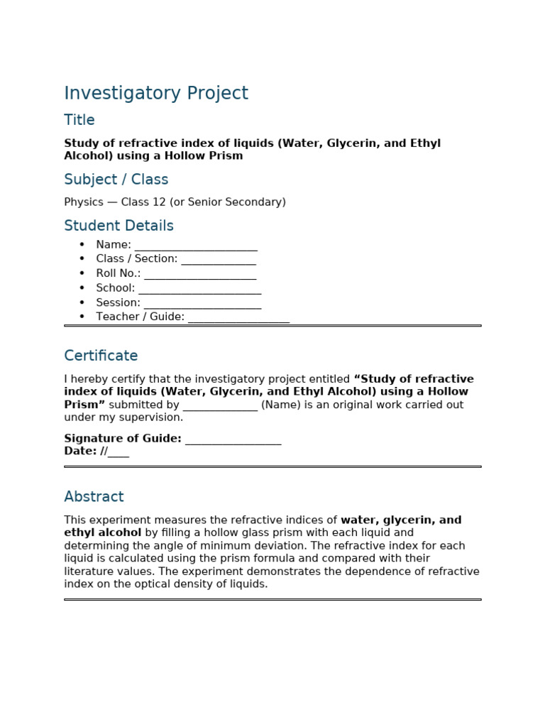 Investigatory Project - Hollow Prism (Physics) | PDF | Refractive Index ...