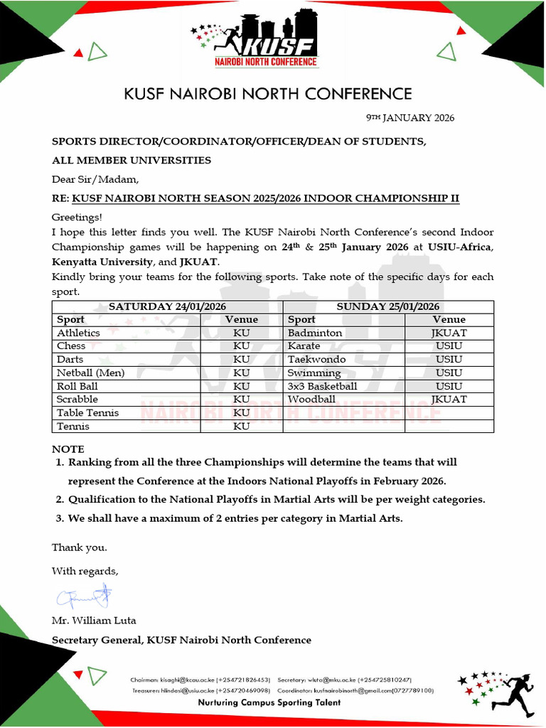 Kusf Nairobi North Indoors Championship II Letter | PDF
