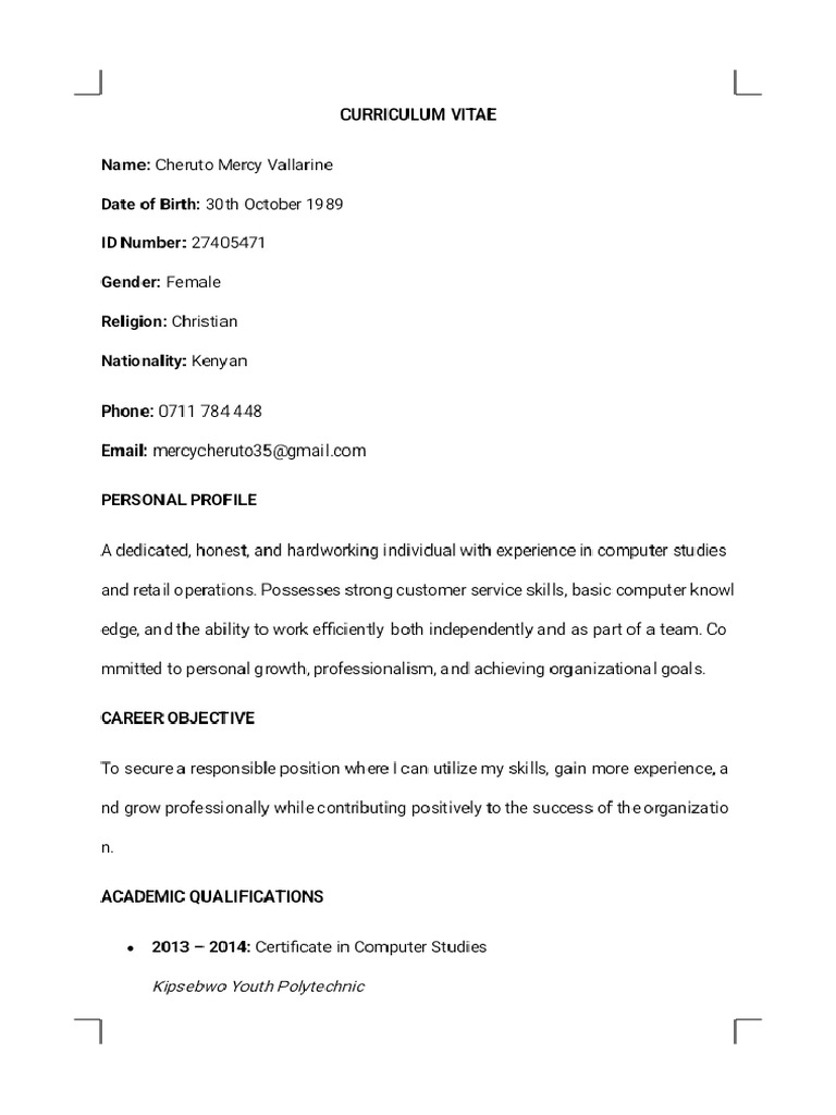 CURRICULUM VITAE Cheruto Mercy Vallarine - Phoenix | PDF