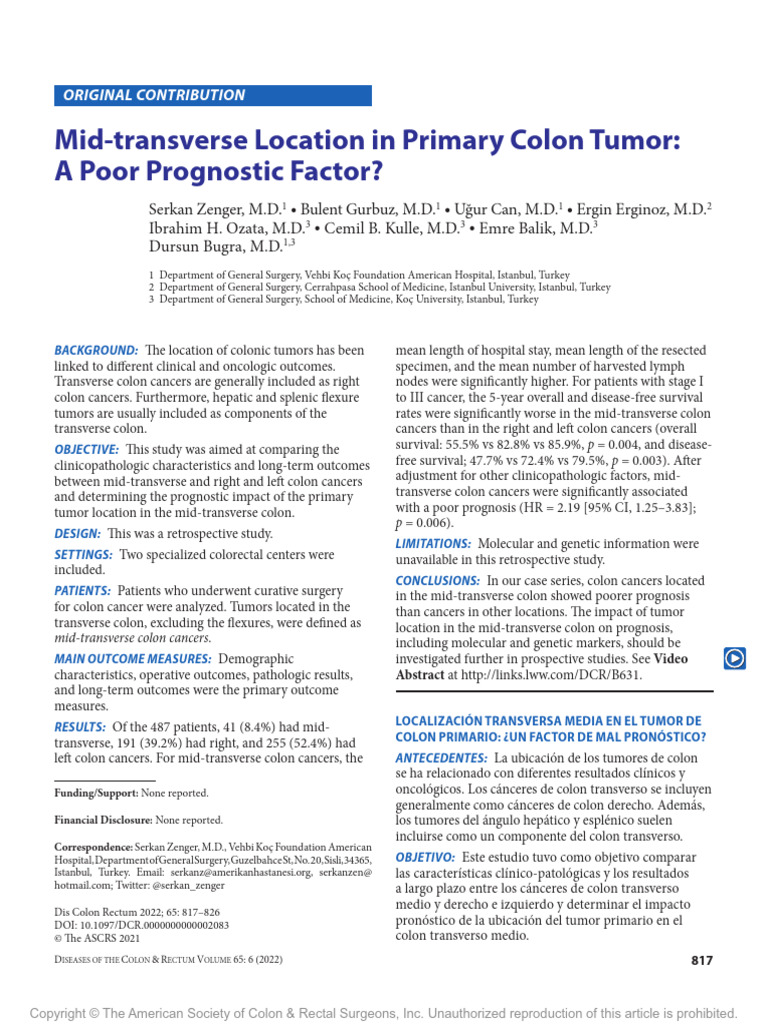 Mid-Transverse Location in Primary Colon Tumor - A Poor Prognostic ...