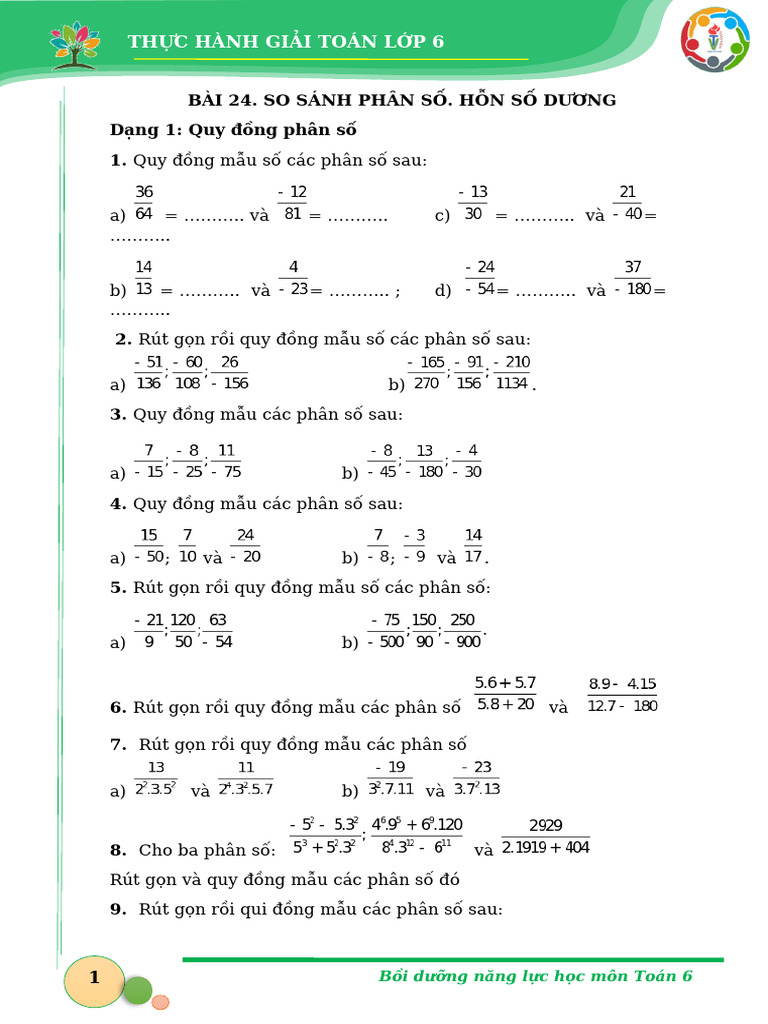 C6B24 So sanh phan so. Hon so duong | PDF
