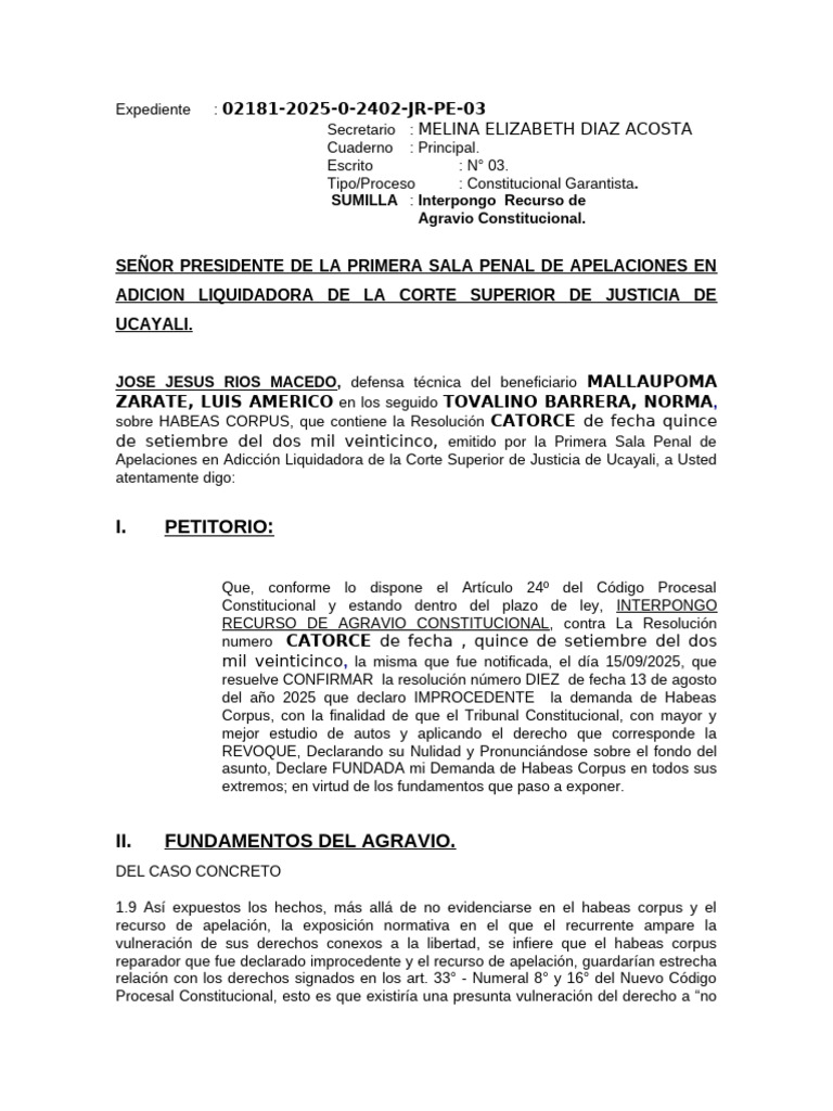 Agravio Constitucional Betty | PDF | Habeas corpus | Apelación