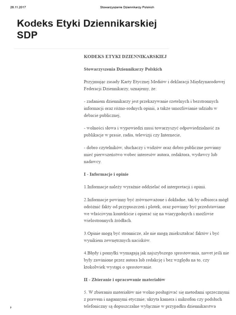 Kodeks Etyki Dziennikarskiej SDP | PDF