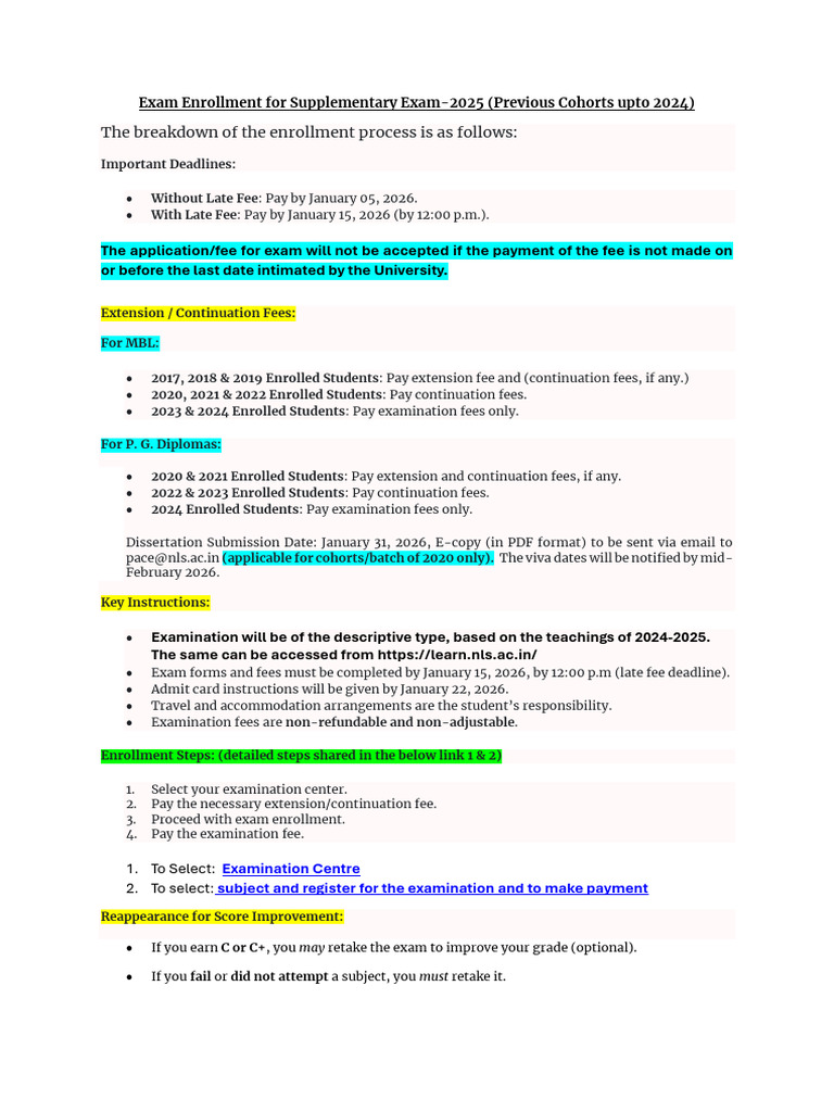 Exam Enrollment For Supplementary Exam 2025 Guidelines | PDF ...