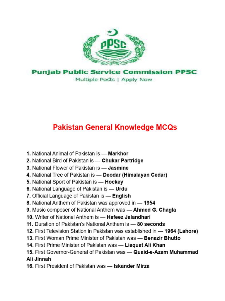 Pakistan General Knowledge MCQs Guide | PDF | Pakistan | Indus River