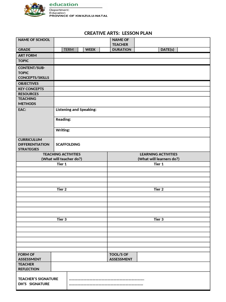 Creative Arts Lesson Plan Template | PDF