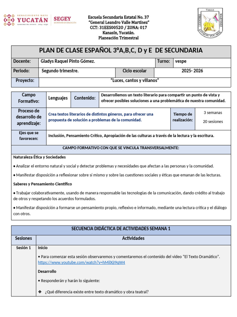 Plan TERCER GRADO. Segundo Trimestre 2025 - 2026. Gladys | PDF | Ensayos | Agresión