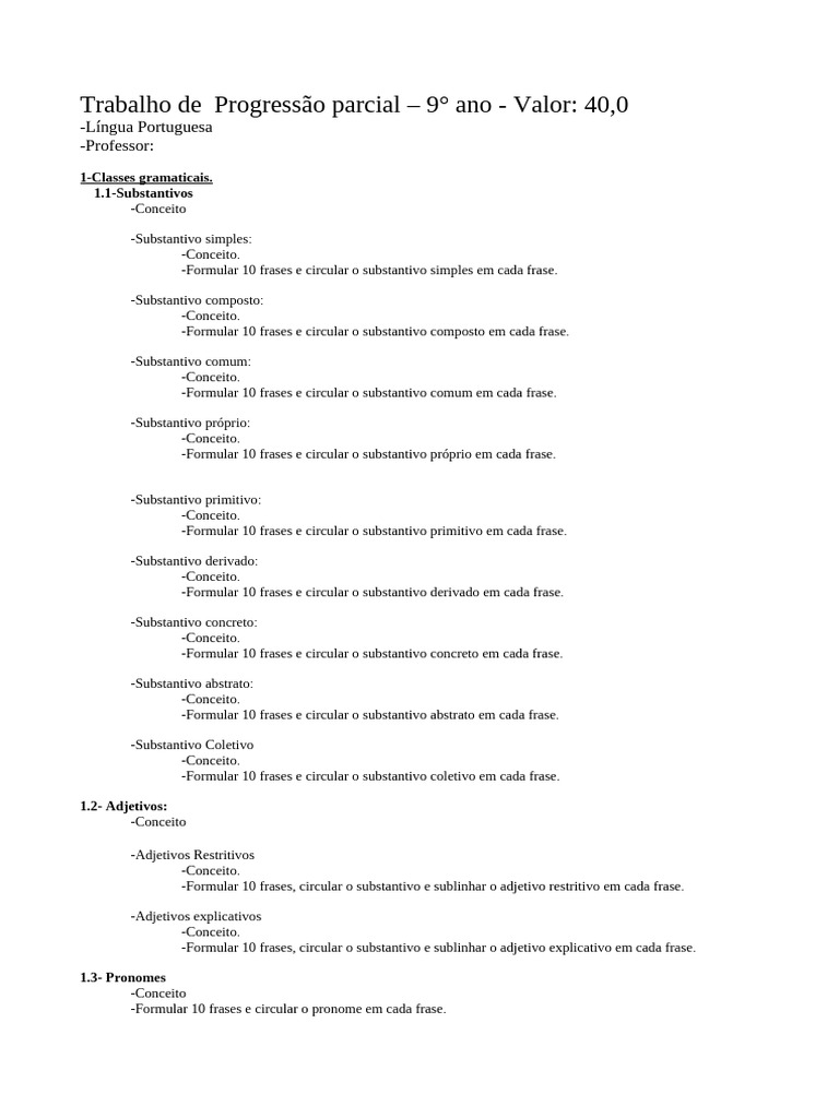 trabalho pp 9º ano | PDF | Assunto (gramática) | Linguística