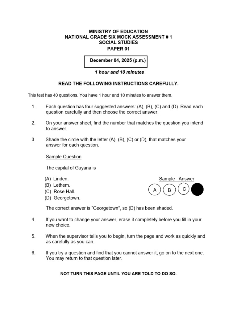 Grade Six Social Studies Mock Assessment | PDF | Weather | Guyana