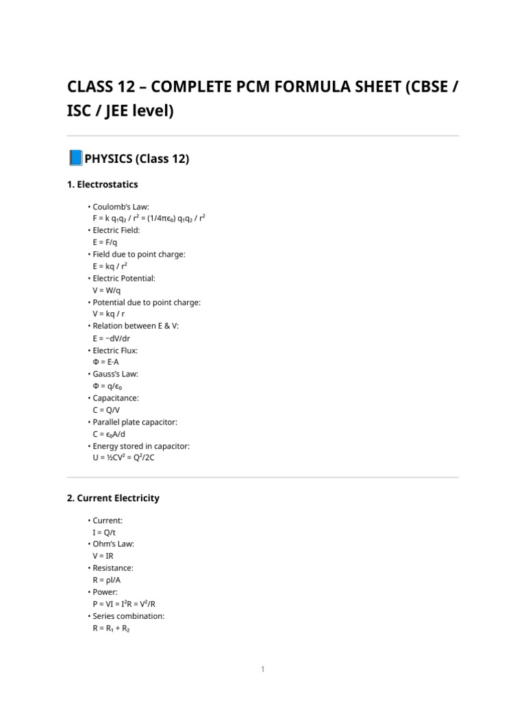 Class 12 Pcm Formula Sheet (1) | PDF | Electromagnetic Radiation ...