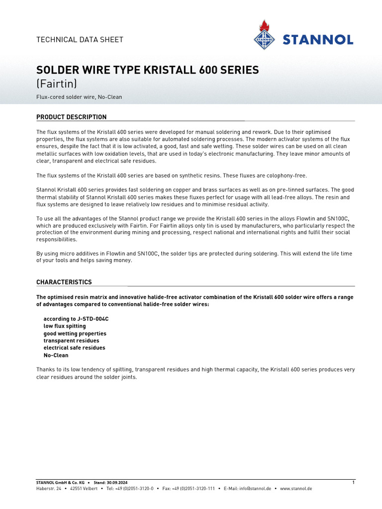 Stannol Kristall 600 Solder Wire Data Sheet | PDF | Solder | Soldering