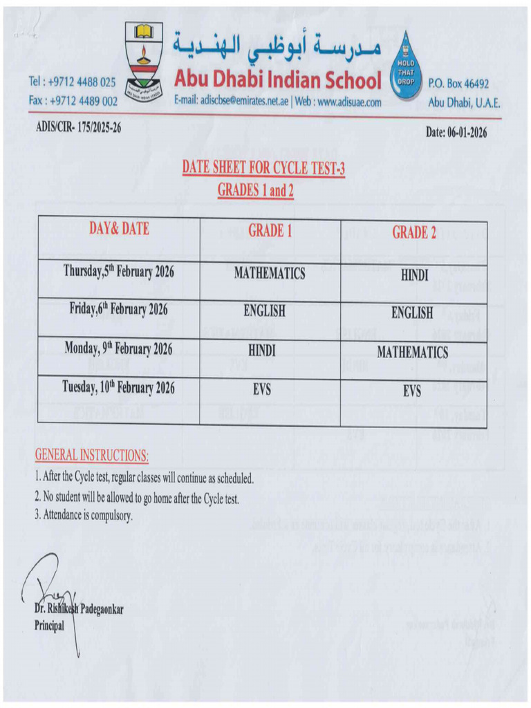 CYCLE TEST_Date Sheet Grade 1 to 8 (1) | PDF