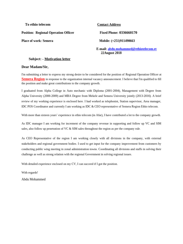 Motivation Letter for Regional Officer Position | PDF