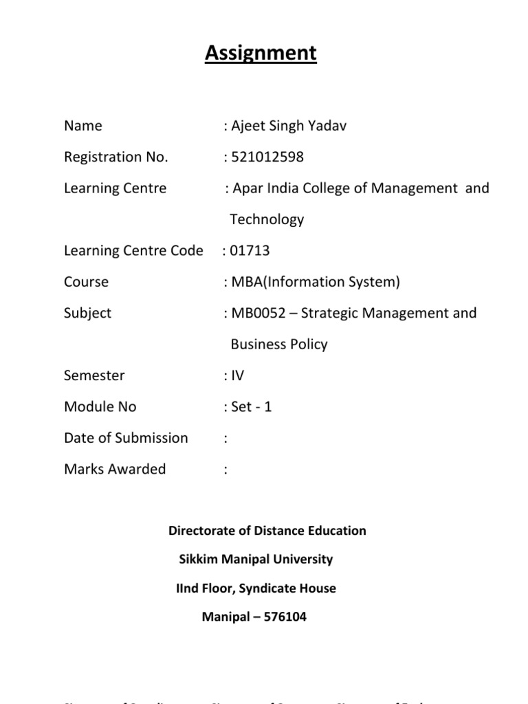 Mba 4th Sem 52-53 Set-1 Assignment | Strategic Management | Enterprise ...