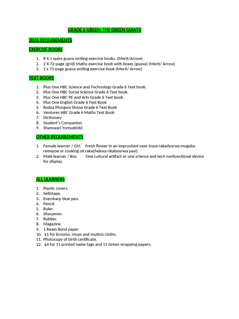 Grade 6 Green Requirements-1 | PDF