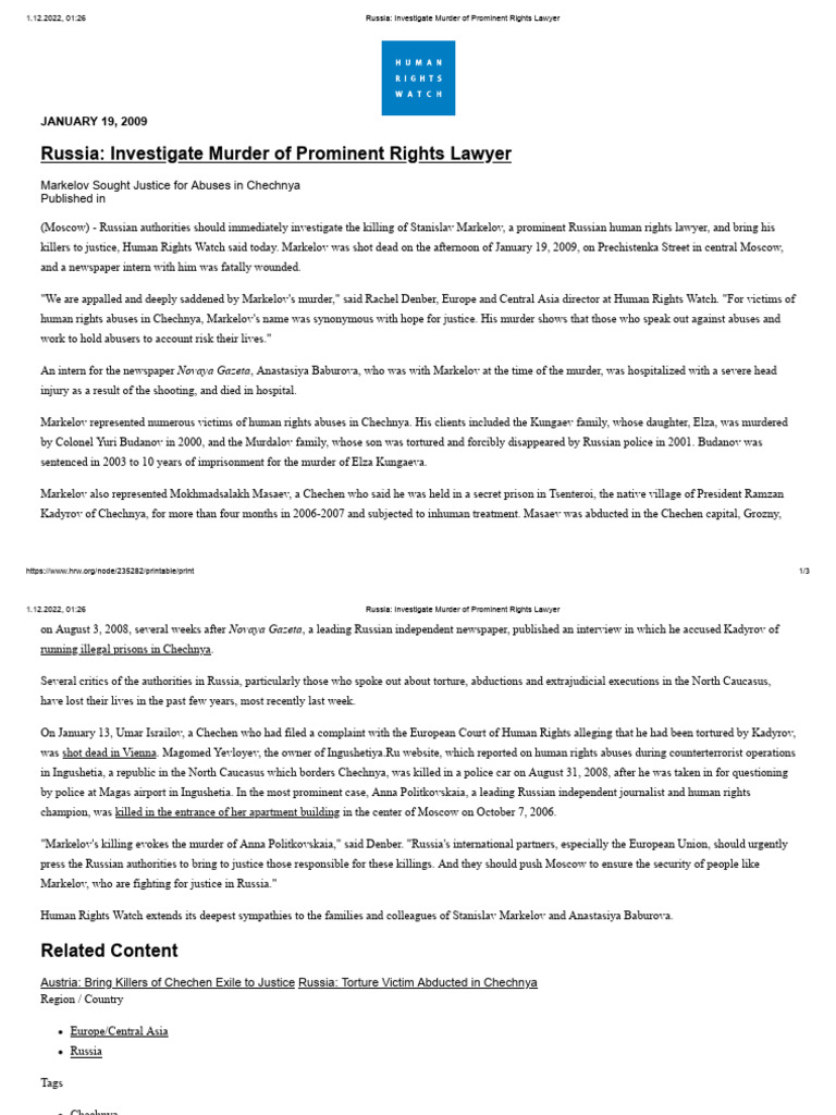 Russia Urged to Investigate Lawyer's Murder | PDF | Chechnya | Human ...