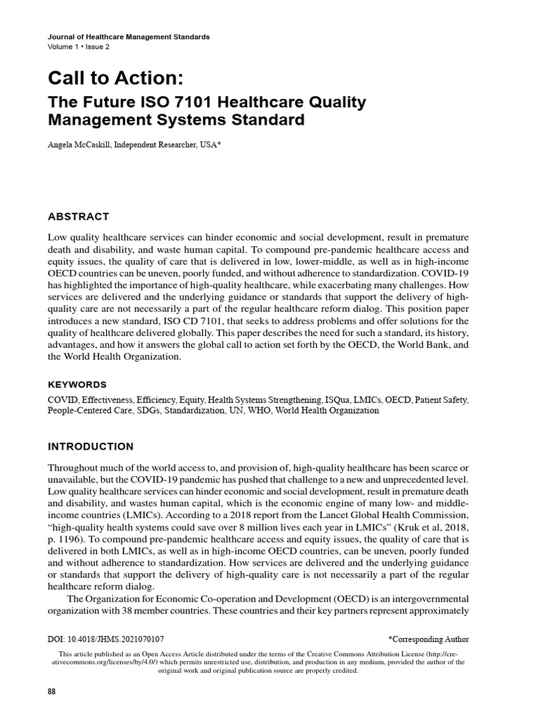 Call to Action the Future ISO 7101 Healthcare Qual | PDF ...