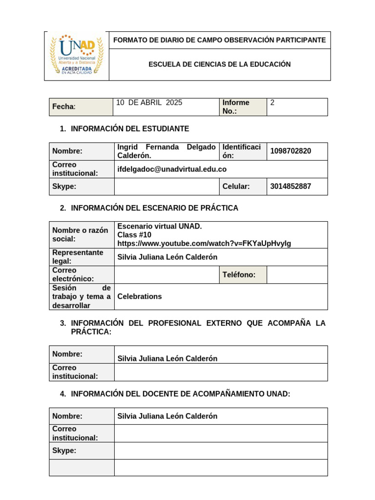 Diario de Campo Ingrid Fernanda Delgado Didactics | PDF | Maestros | Aprendizaje