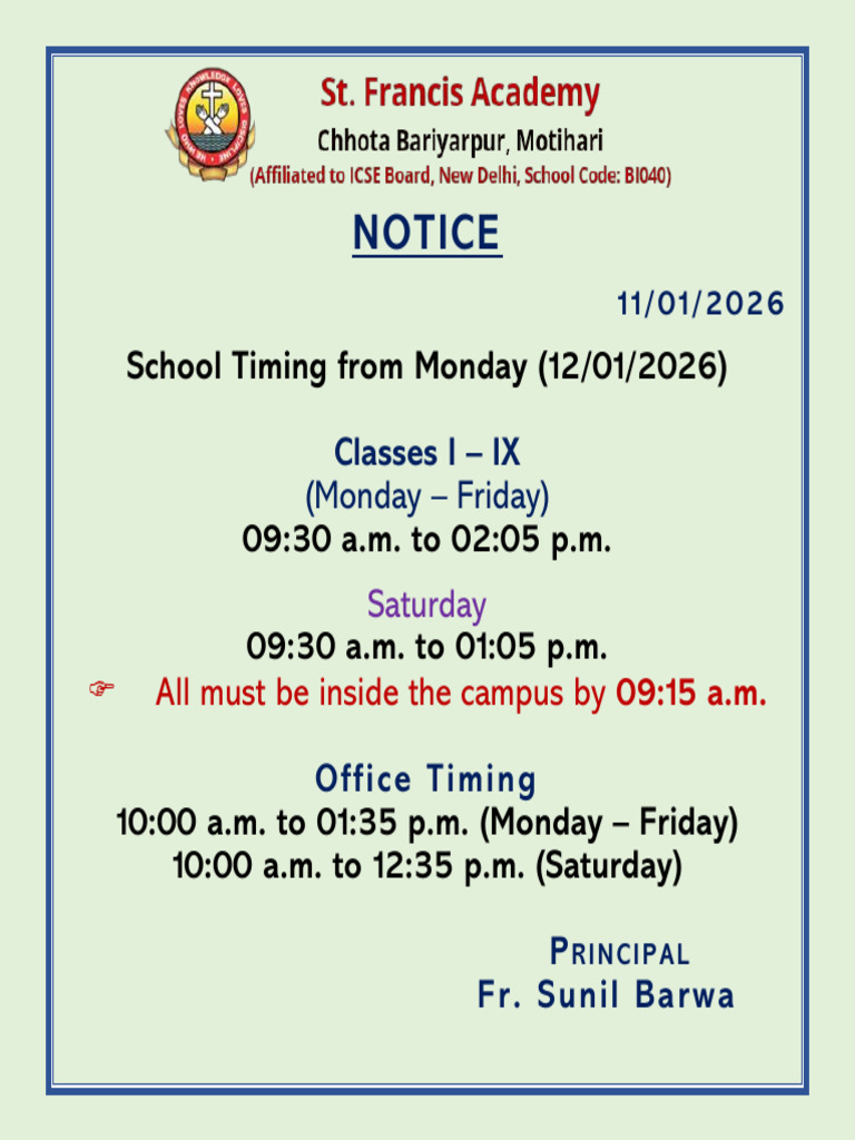 New School Timings Effective 12/01/2026 | PDF