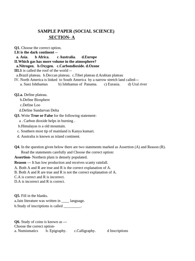 Social Science Sample Paper Questions | PDF
