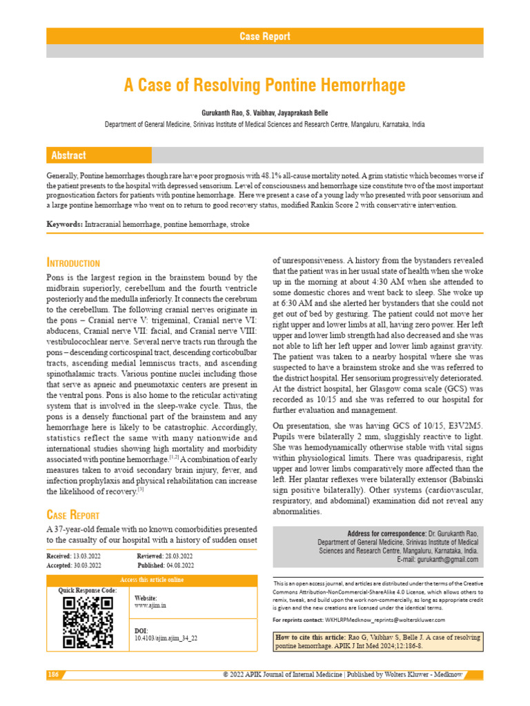 A Case of Resolving Pontine Hemorrhage | PDF | Diseases And Disorders ...