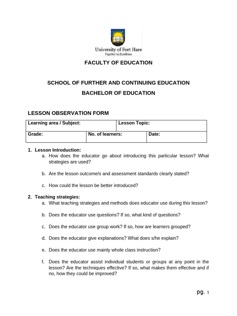 Lesson Observation Form Template | PDF | Learning | Teachers
