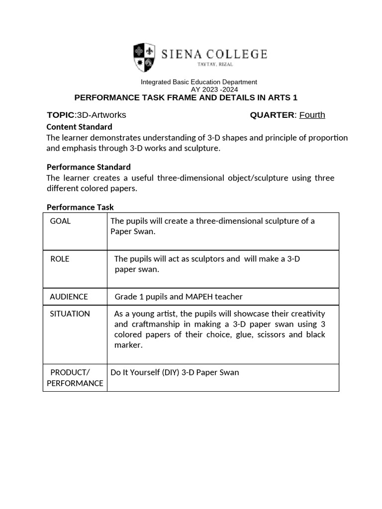 2324 Fourth Quarter PT Frame and Details in ARTS 1 | PDF