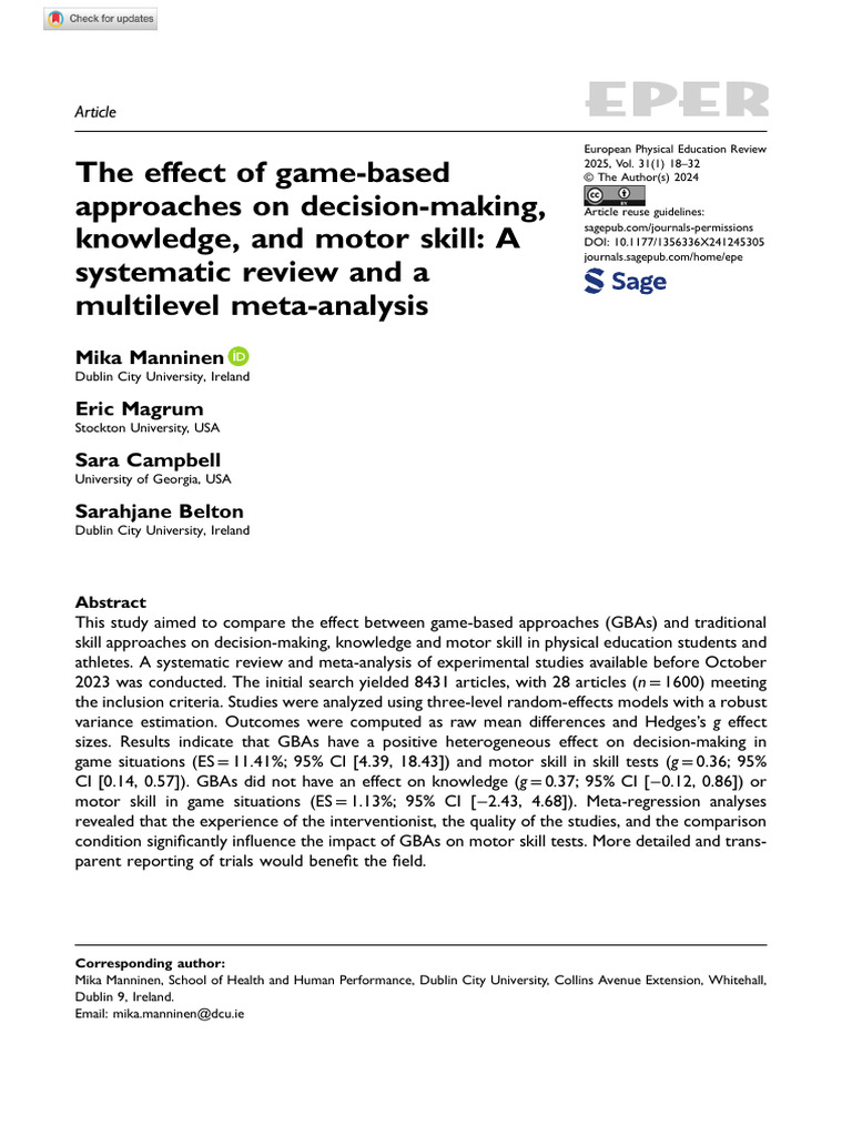 Game-Based Approaches in Physical Education | PDF | Meta Analysis ...