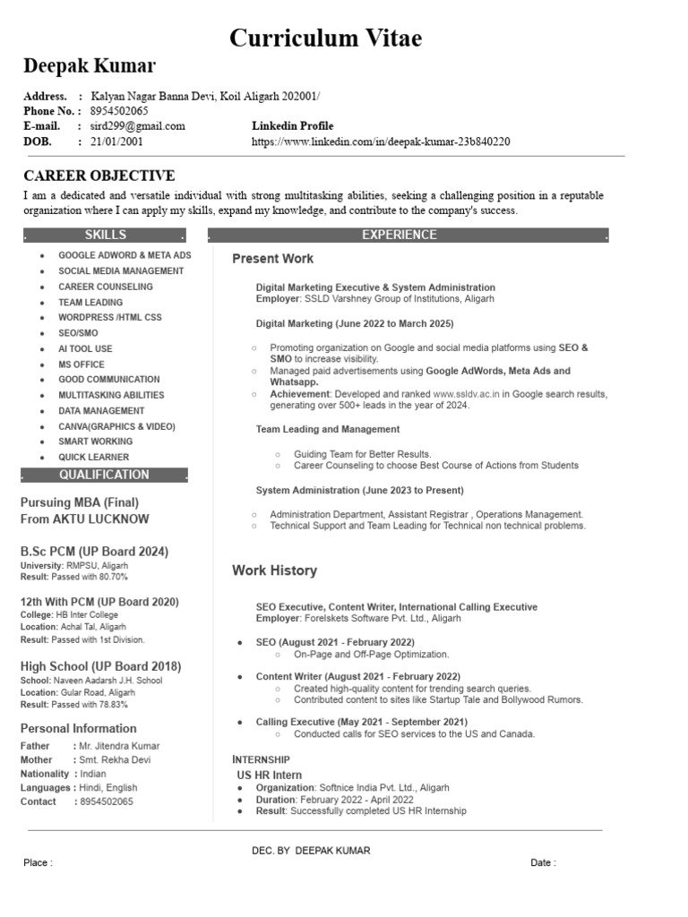 Deepak Kumar Resume | PDF | World Wide Web | Internet & Web