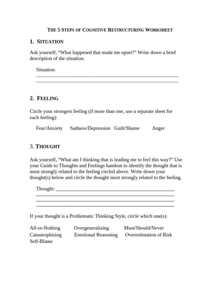 Cognitive Restructuring Worksheet Guide | PDF | Thought | Feeling