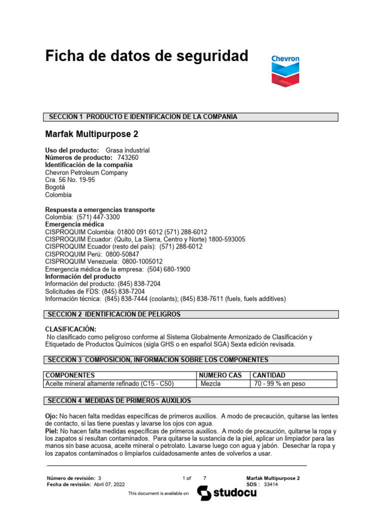 Ficha de Seguridad Marfak Multipurpose 2 | PDF | Combustión | Agua