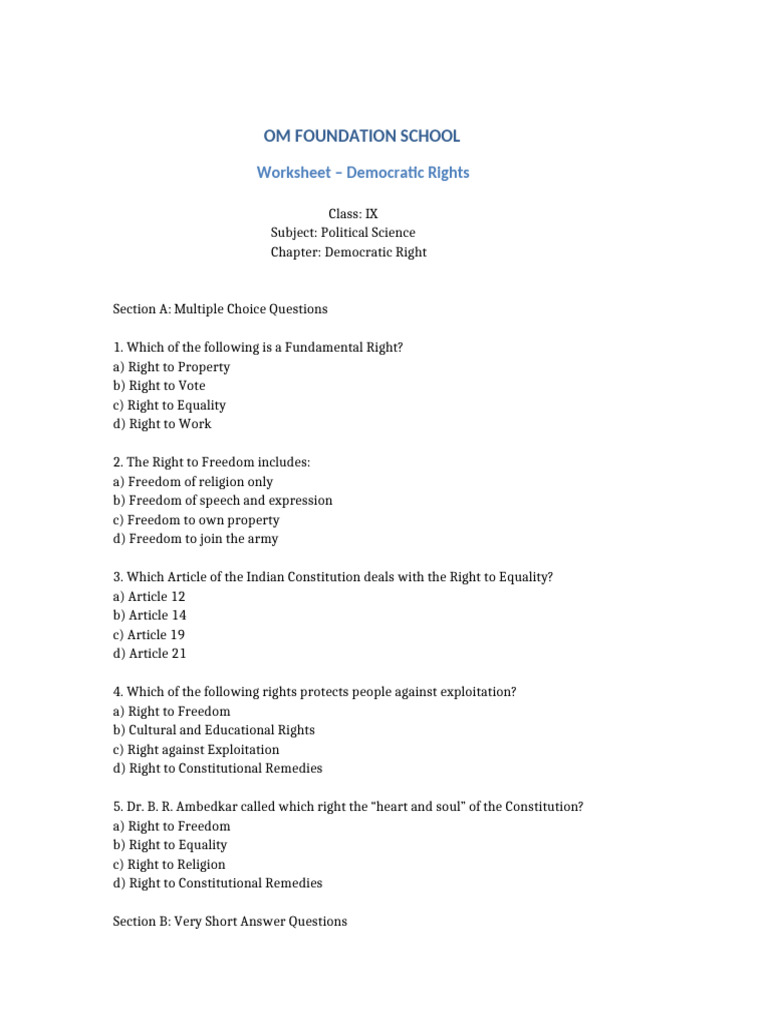 Grade IX Democratic Rights Worksheet OM Foundation | PDF