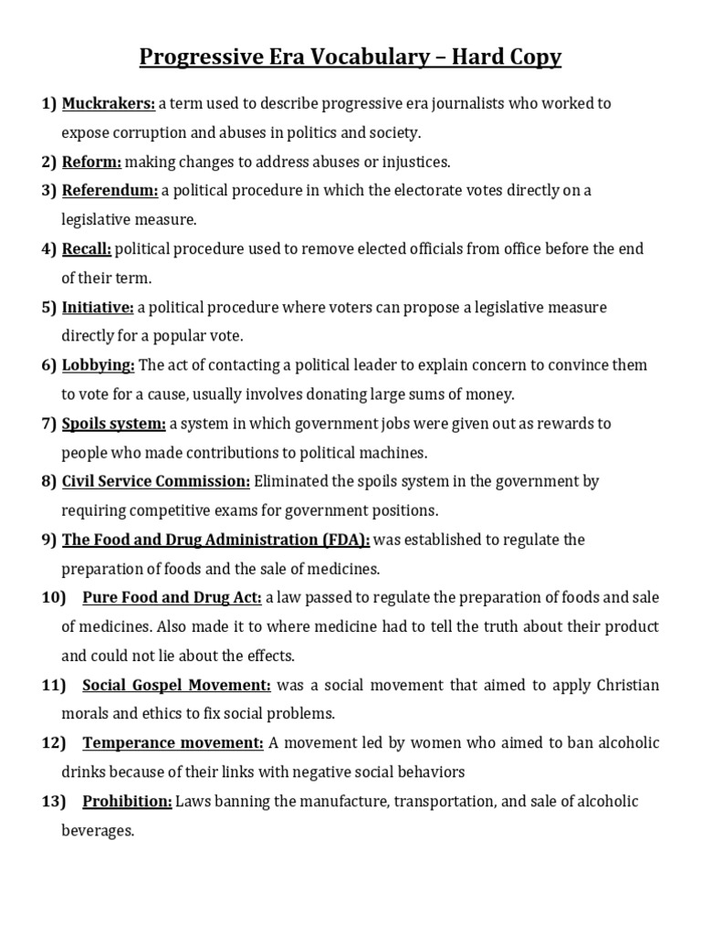 2. Progressive Era Vocab- Hard copy | PDF | Progressive Era | The ...