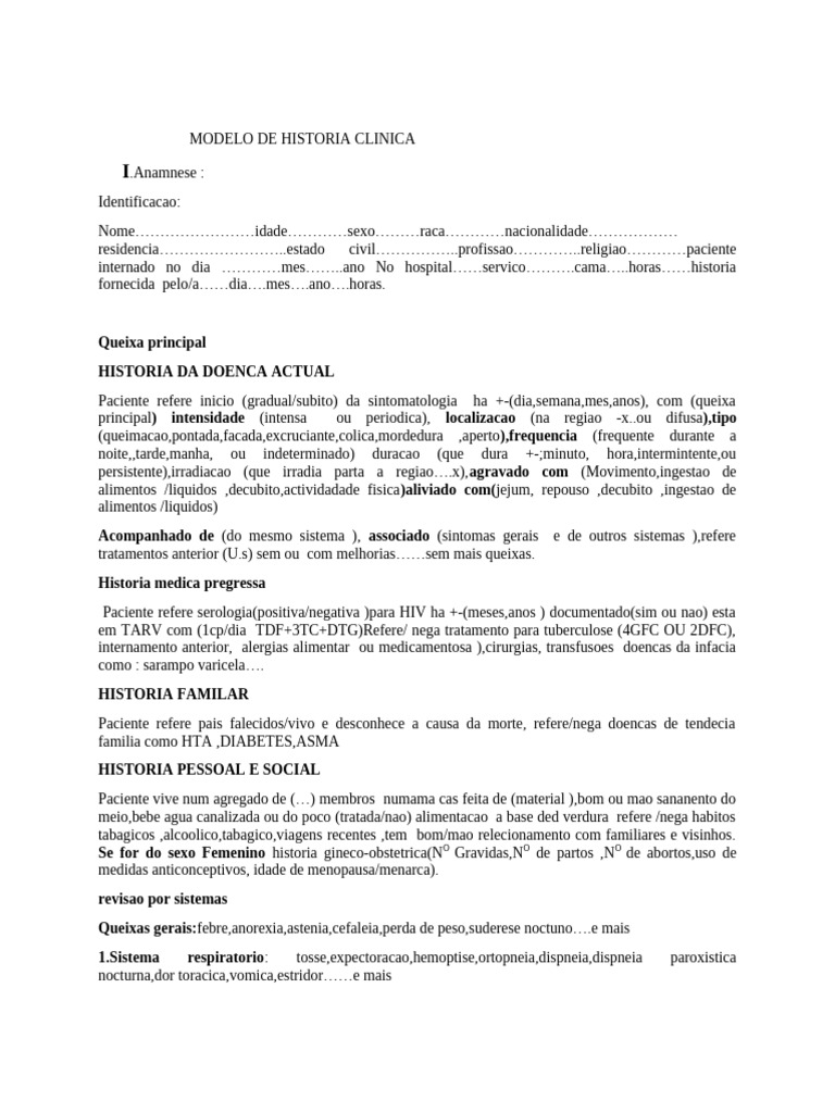 MODELO_DE_HISTORIA_CLINICA-1_123505 | PDF | Remédio | Sintomas e sinais