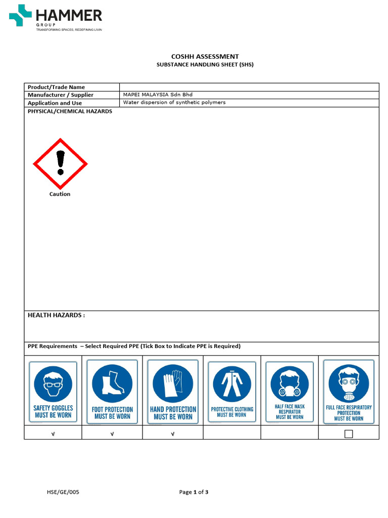 COSHH Assessment Mapei Primer g 13-01-2026 (1) | PDF | Water | Hazards