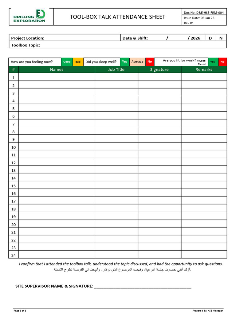 D&E-HSE-FRM-004 ToolBox Talk Attendance Sheet | PDF