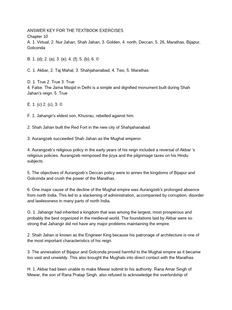 Mughal Empire Chapter 10 Answer Key | PDF | Mughal Empire