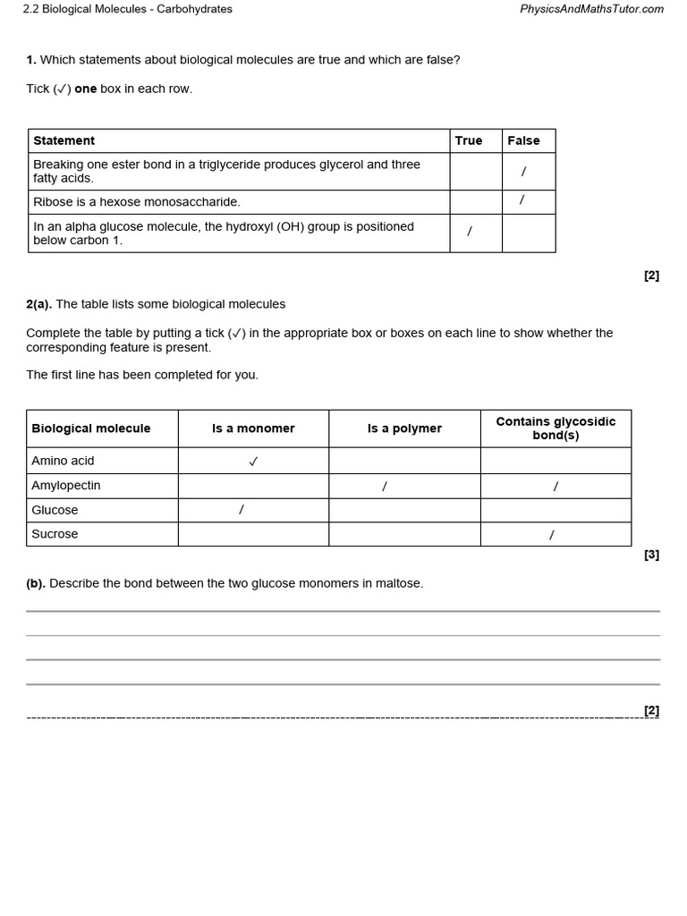 2.2 Biological Molecules - Carbohydrates QP | PDF | Carbohydrates | Glucose