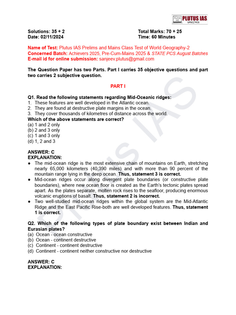 Solution of World Geography Test 2 Nov 24 Achievers 2025 Pre Cum Mains ...