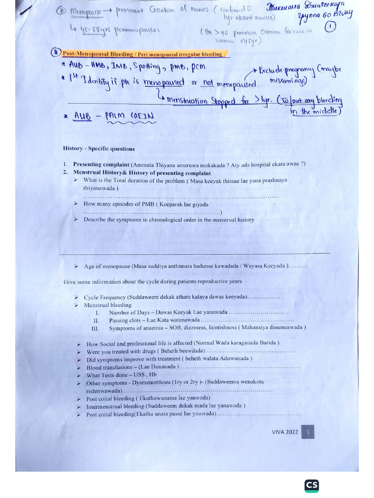 Gynaecology Viva- Post Menopausal Bleeding/ Irregular Bleeding | PDF