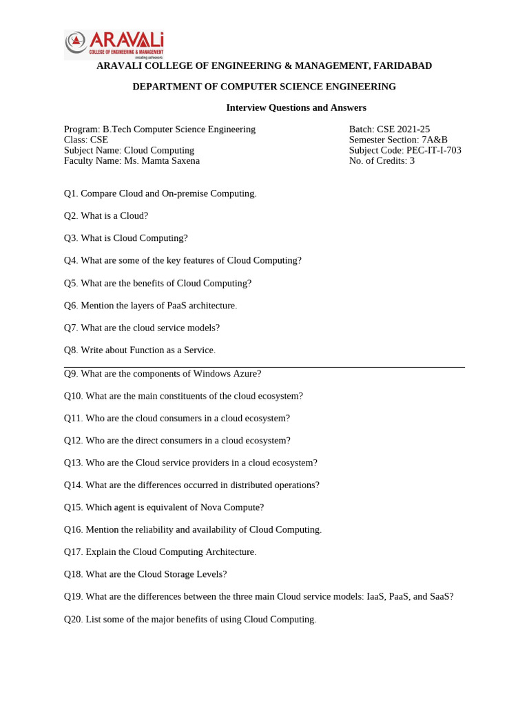 Cloud Computing Interview Q&A for CSE Students | PDF | Cloud Computing ...
