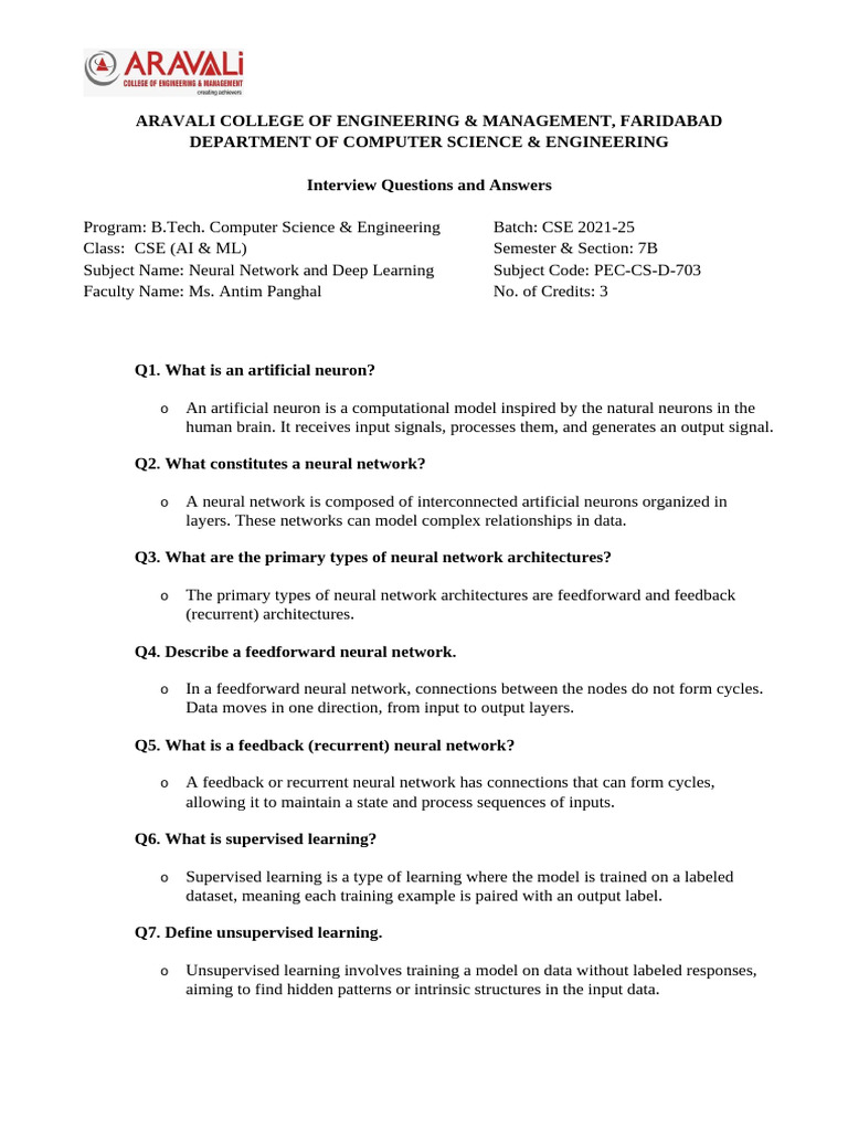 Neural Network & Deep Learning Interview Questions | PDF | Principal ...
