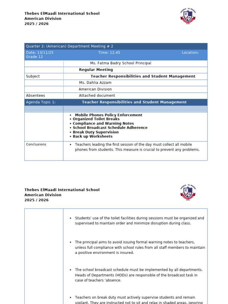 Teacher Meeting Agenda: Student Management | PDF