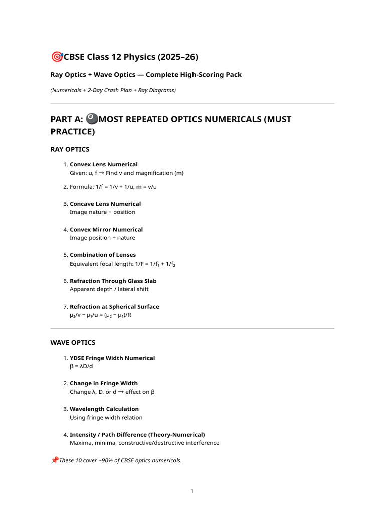 CBSE Class 12 Physics Optics Study Pack | PDF | Optics | Waves