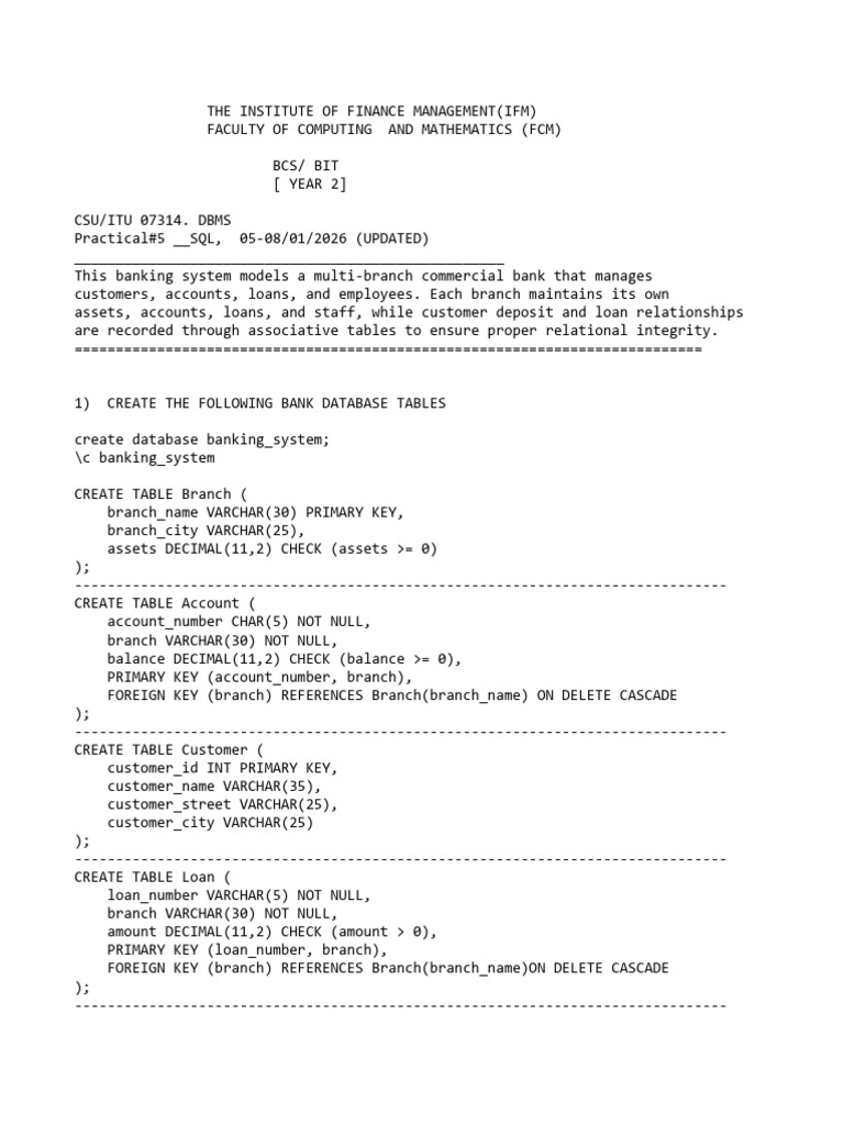 SQL Banking System Database Design | PDF | Banks | Money