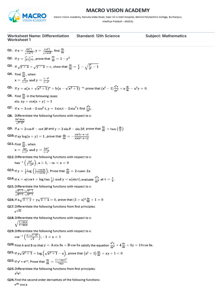 Differentiation Worksheet 1 2 | PDF