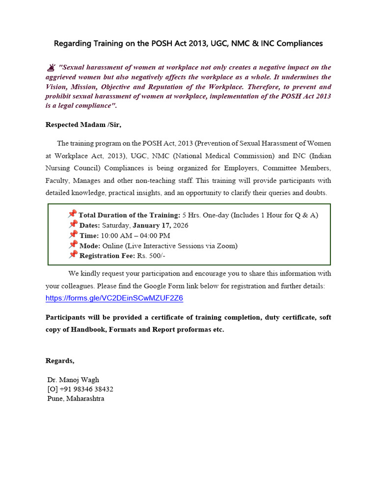 POSH Act 2013 Training Program Details | PDF