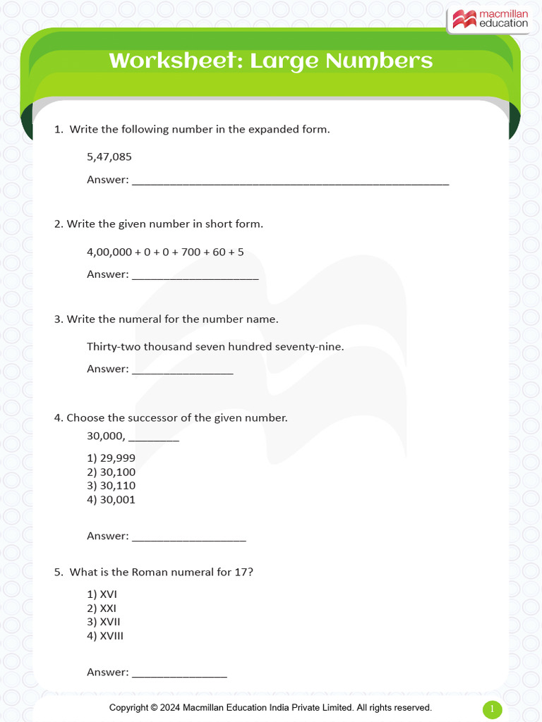 Large Numbers Worksheet and Answers | PDF